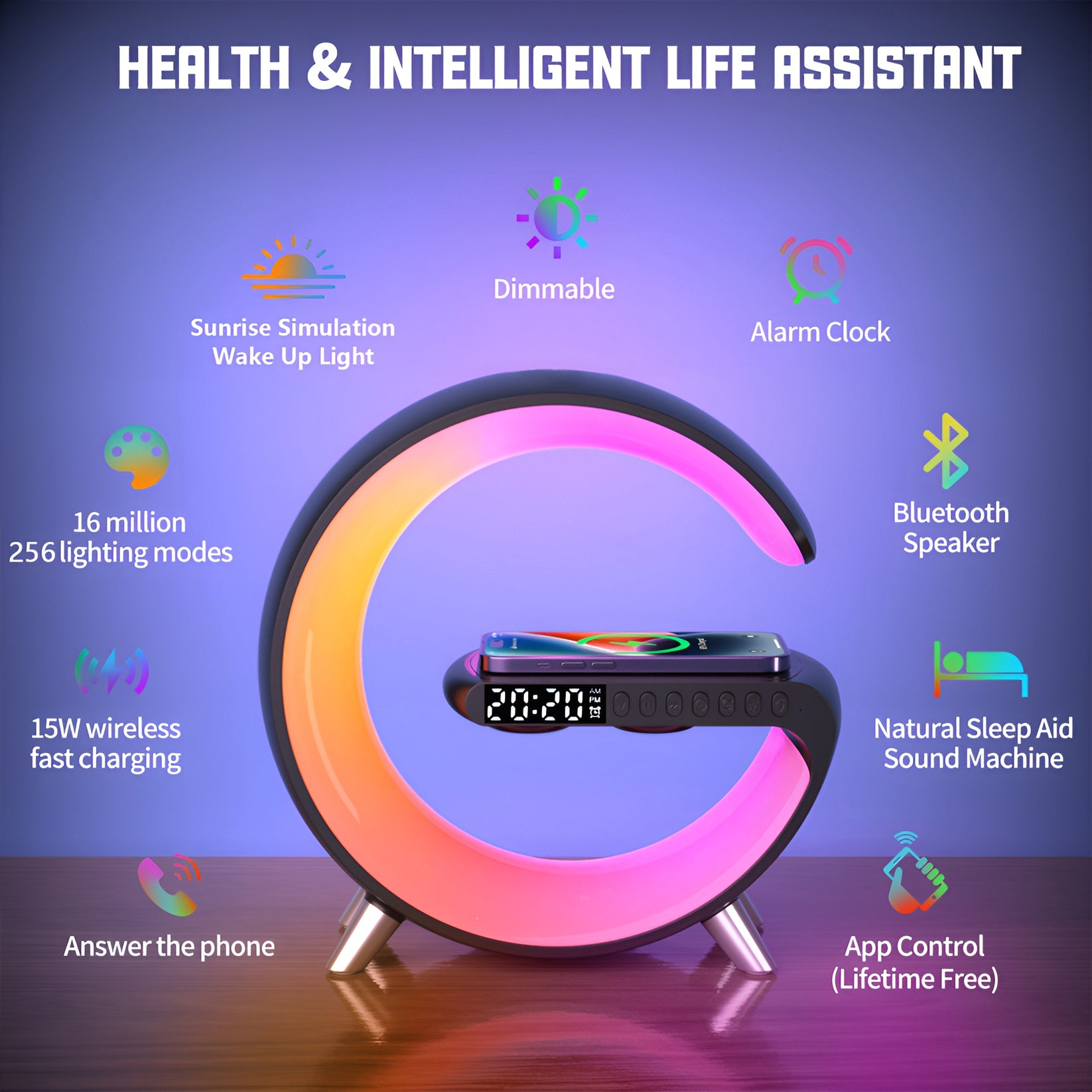LitLamp™ 4-in-1 Alarm Clock, Mood Light, Speaker & Wireless Charger ...